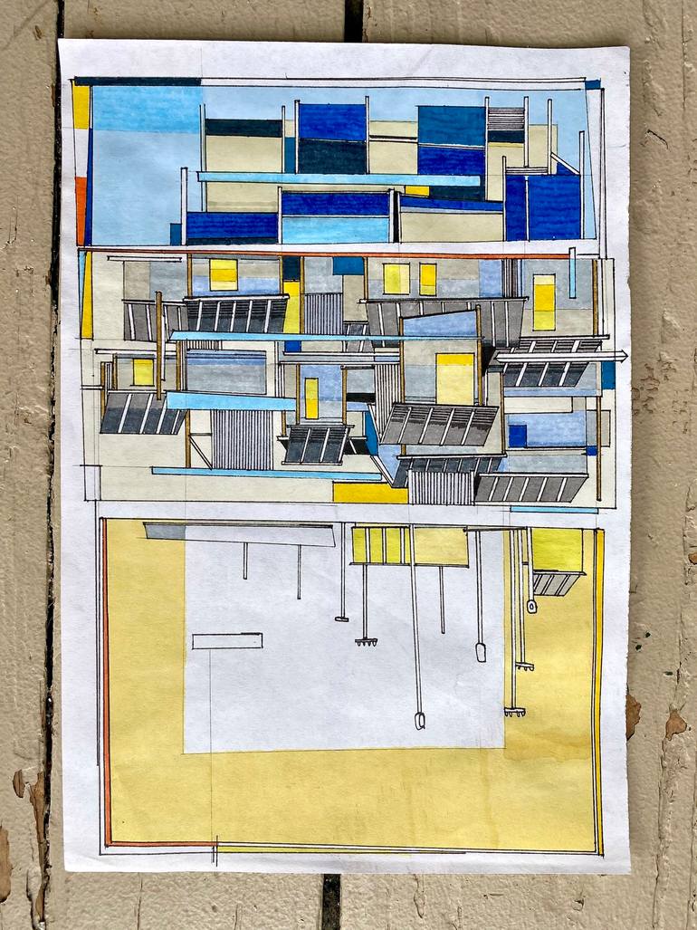 3 panel skyline Drawing by nate hodge | Saatchi Art