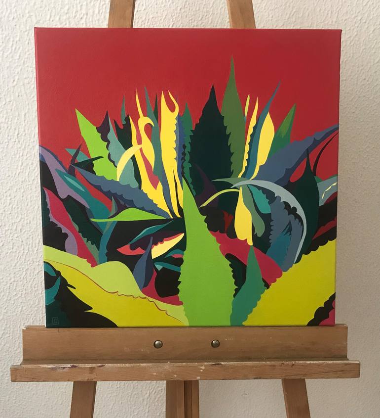 Maguey plant on red background Painting by Christophe Carlier | Saatchi Art