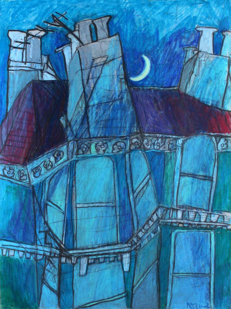 Blue night moon in London Drawing by Alejandro Pascual | Saatchi Art
