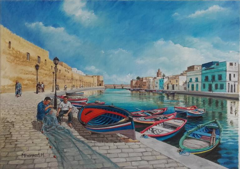 Fishermen fixing nets in the old-port of Bizerte Painting by Hamadi ...