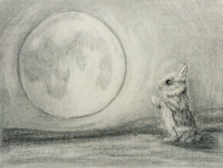 Baby Rabbit Gazing At The Moon Drawing by Jade Blakeley | Saatchi Art