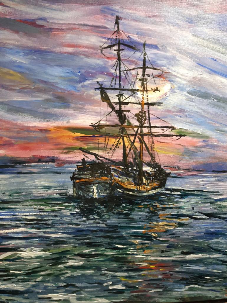 Moonlit tall ship Painting by Jonathan Brennan | Saatchi Art