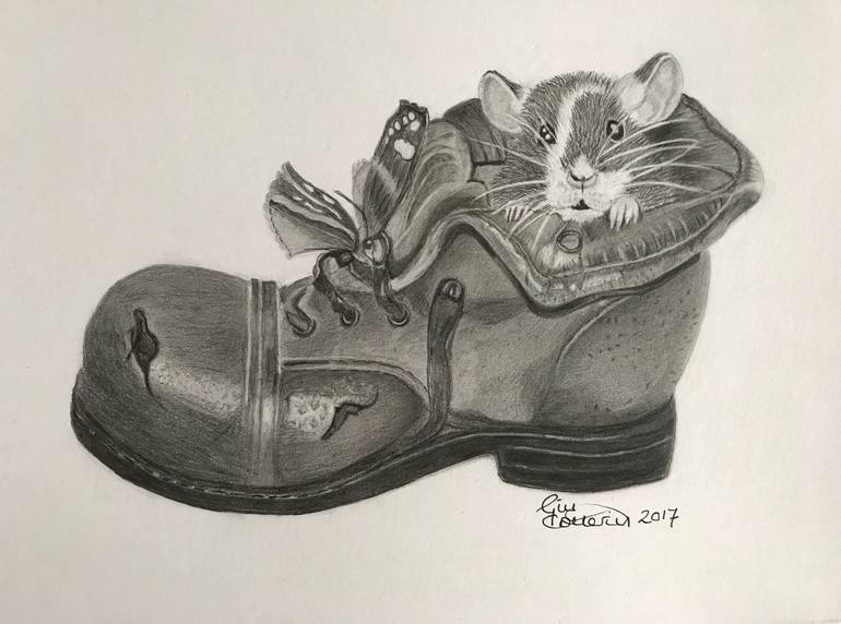 Mouse in old boot Drawing by Gill Cotterill | Saatchi Art