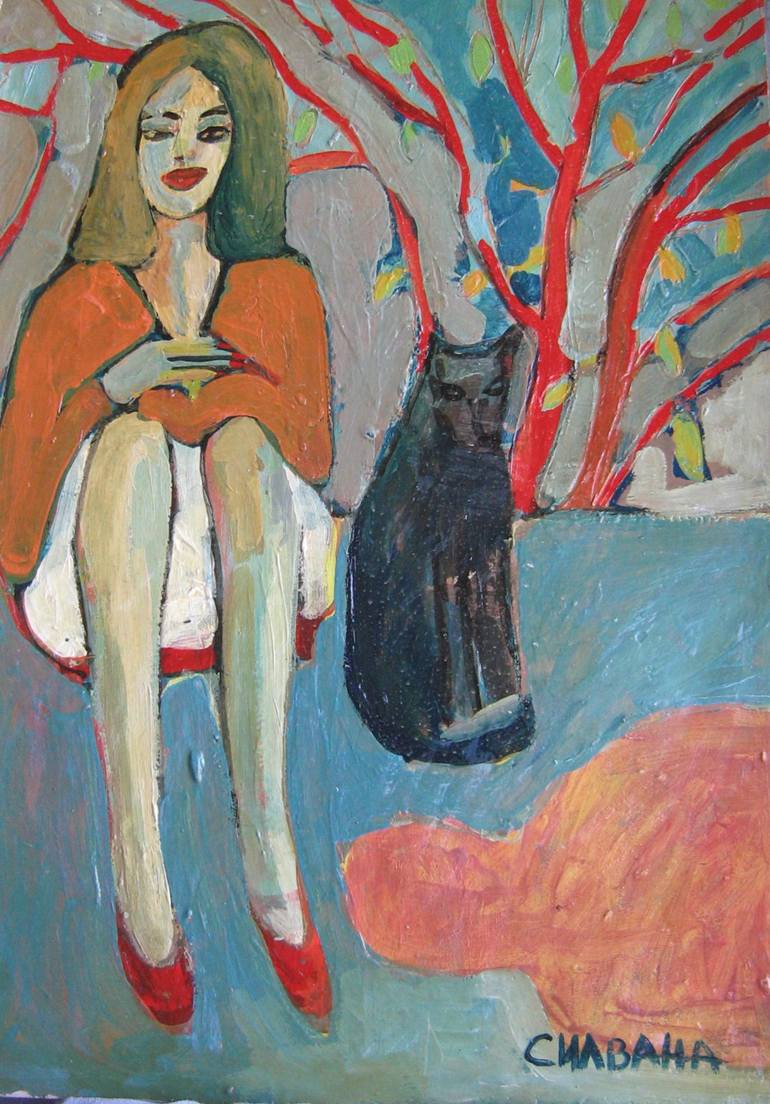 Woman with a black cat Painting by Silvana Spasic | Saatchi Art