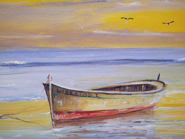 Sunrise on the beach with two boats Painting by Federico Tesei ...
