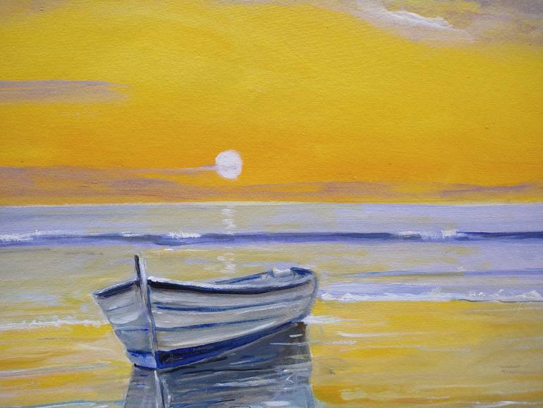 Sunrise on the beach with two boats Painting by Federico Tesei ...