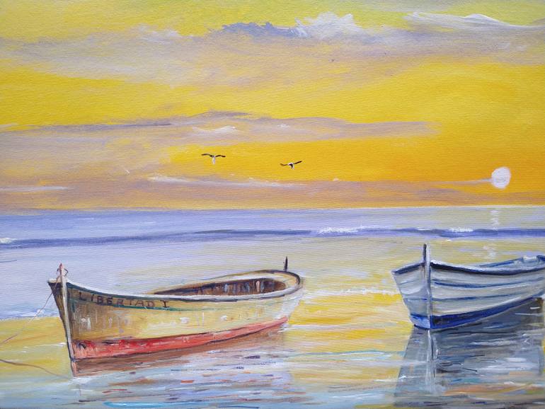 Sunrise on the beach with two boats Painting by Federico Tesei ...