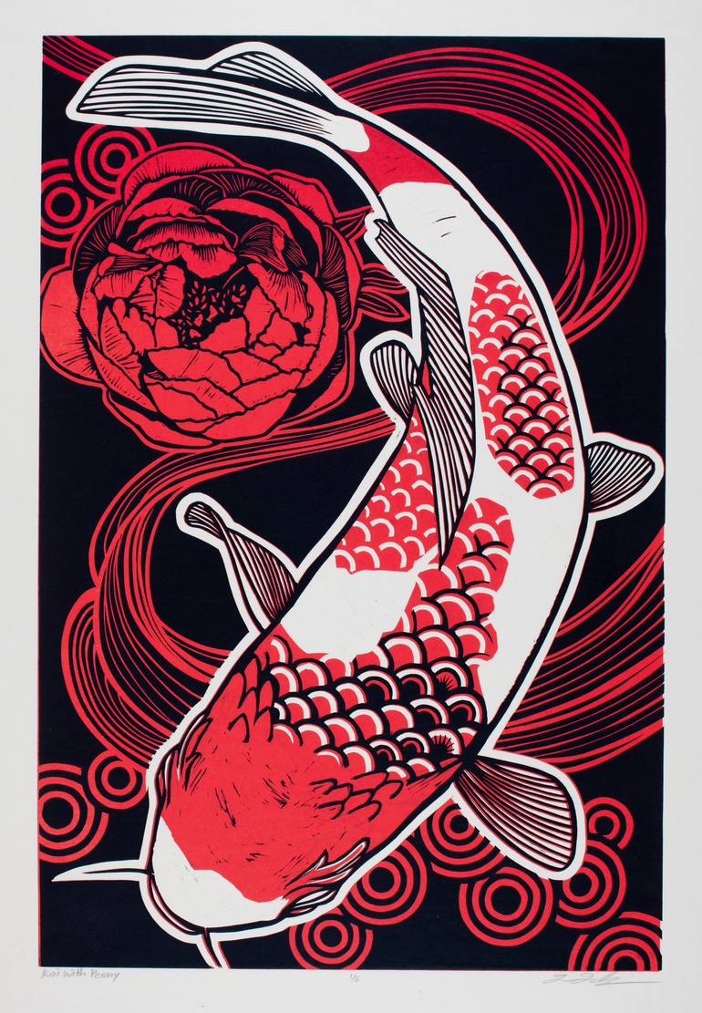 Koi with Peony - Limited Edition 1 of 8 Printmaking by Taro Takizawa ...
