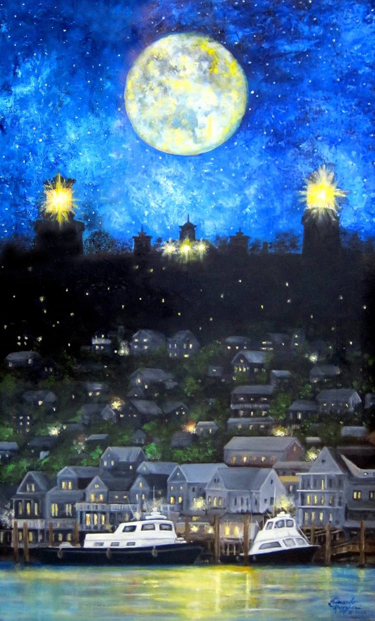Super Moon in Highlands, NJ Painting by Leonardo Ruggieri | Saatchi Art