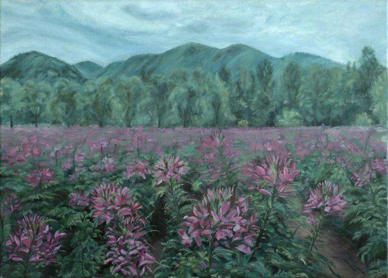 Impressionist realistic art - landscape painting - purple flowers ...
