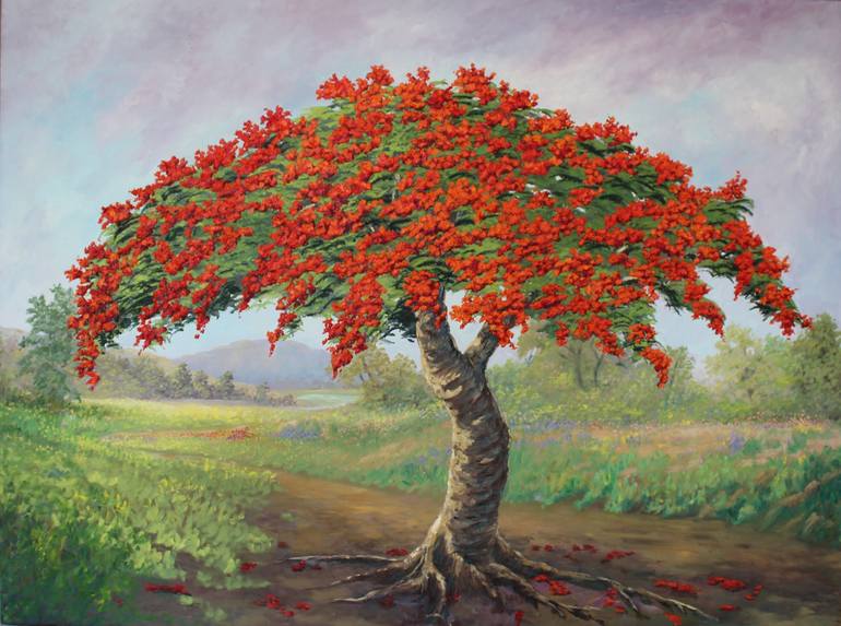 Red Flamboyant Painting by Angel Berrios | Saatchi Art