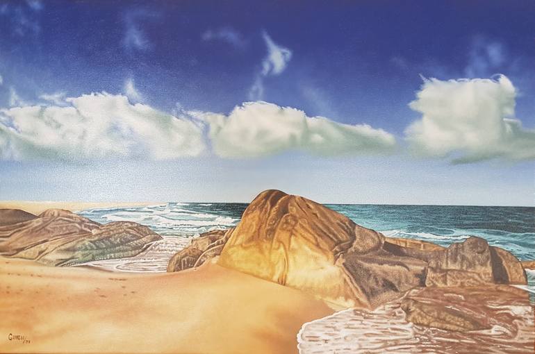 Rocas en paisaje de mar y playa Painting by Mario Galarza Bejarano ...