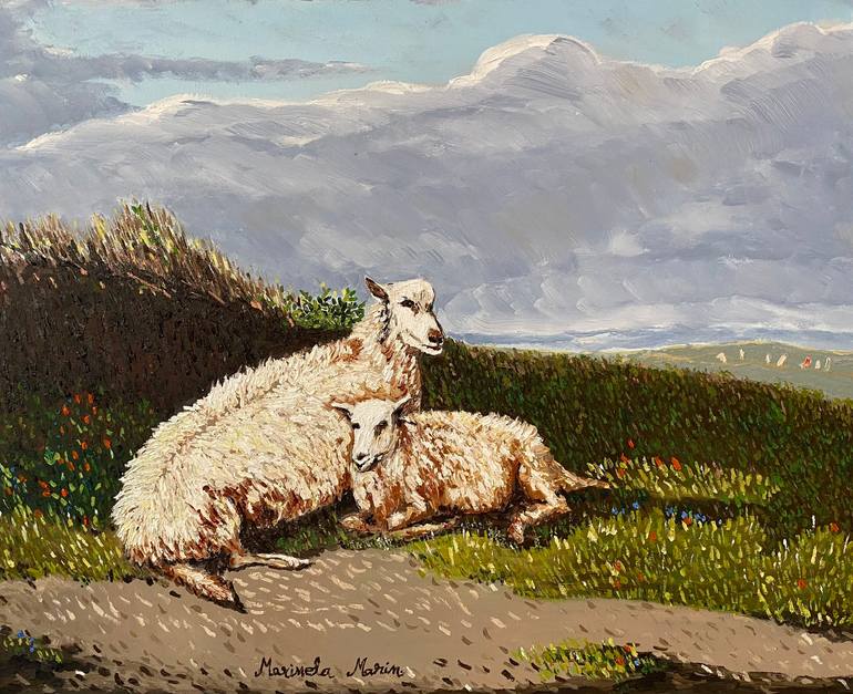 Sheep and lamb in a landscape. Painting by Marin Marinela | Saatchi Art