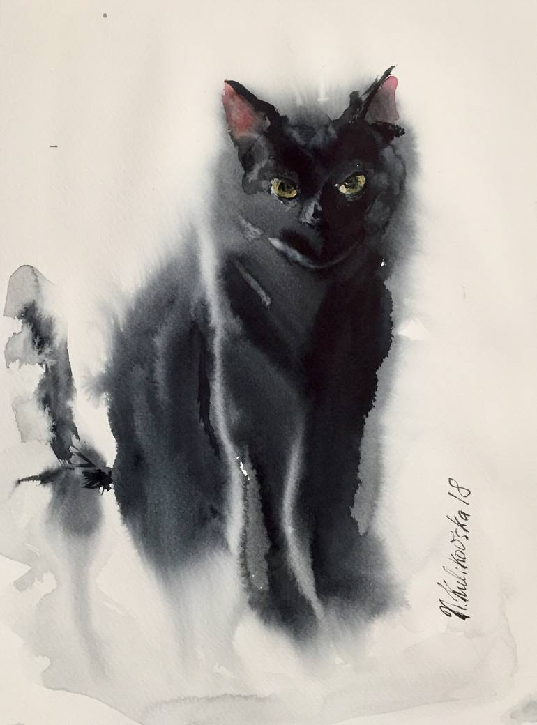 Black cat Painting by Nataliia Kulikovska | Saatchi Art