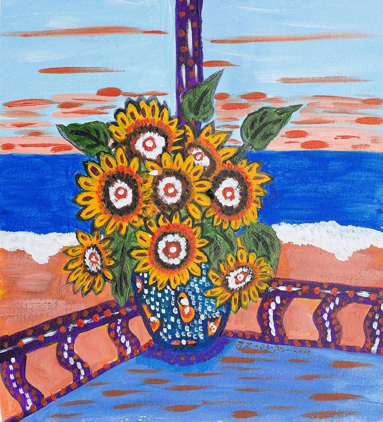 Sunflowers by the beach Painting by Jamila Ziaee | Saatchi Art