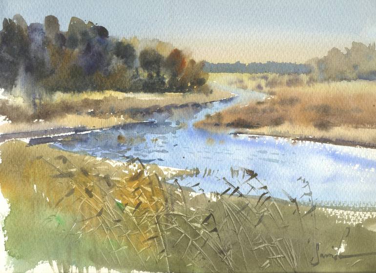 Landscape with river in wildlife - watercolor on watercolour paper ...