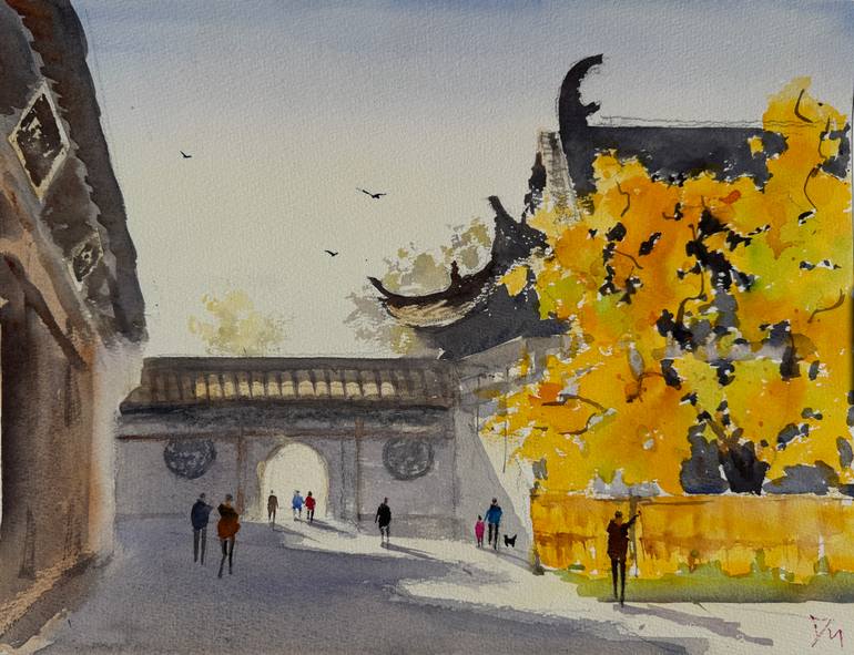 Gingko trees at old temple in Shanghai Painting by Shelly Du | Saatchi Art