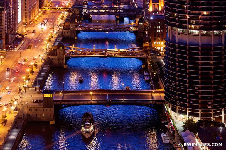 CHICAGO RIVER AND BRIDGES AT NIGHT DOWNTOWN CHICAGO COLOR - Limited ...