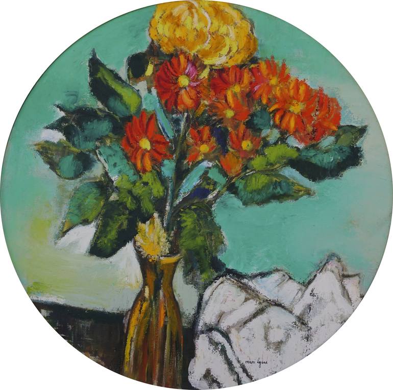 Yellow Mum Tondo Painting by Mari Lyons | Saatchi Art