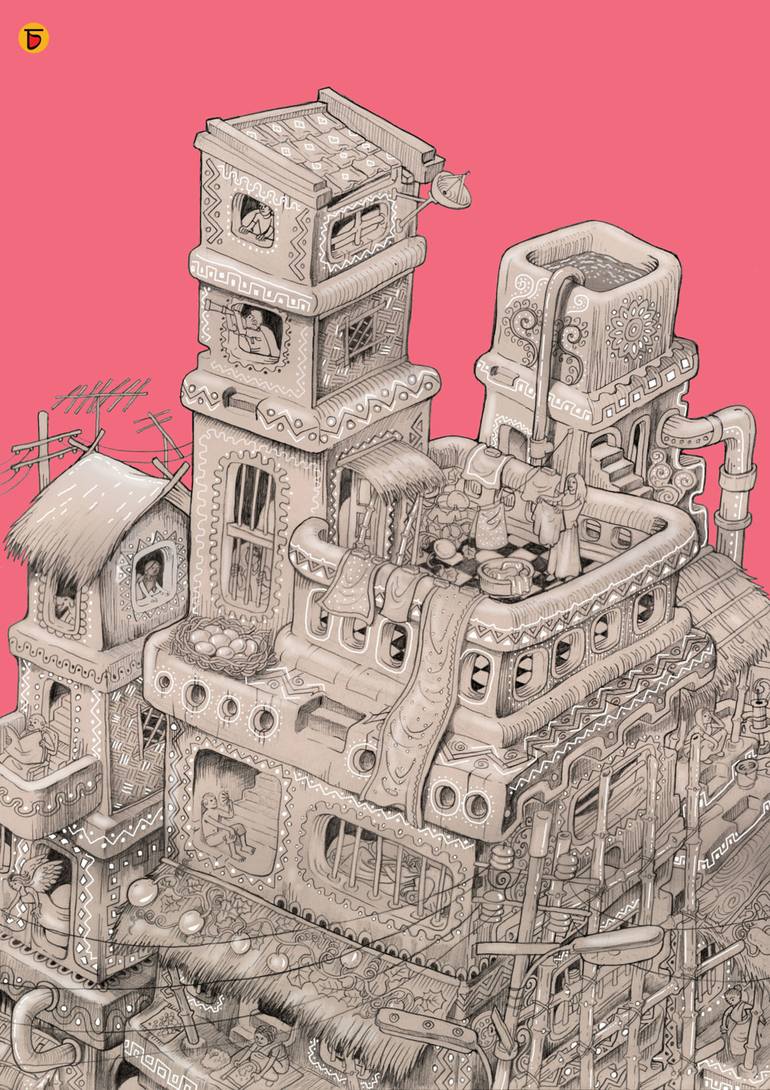 The Mud Houses Drawing by Charbak Dipta | Saatchi Art