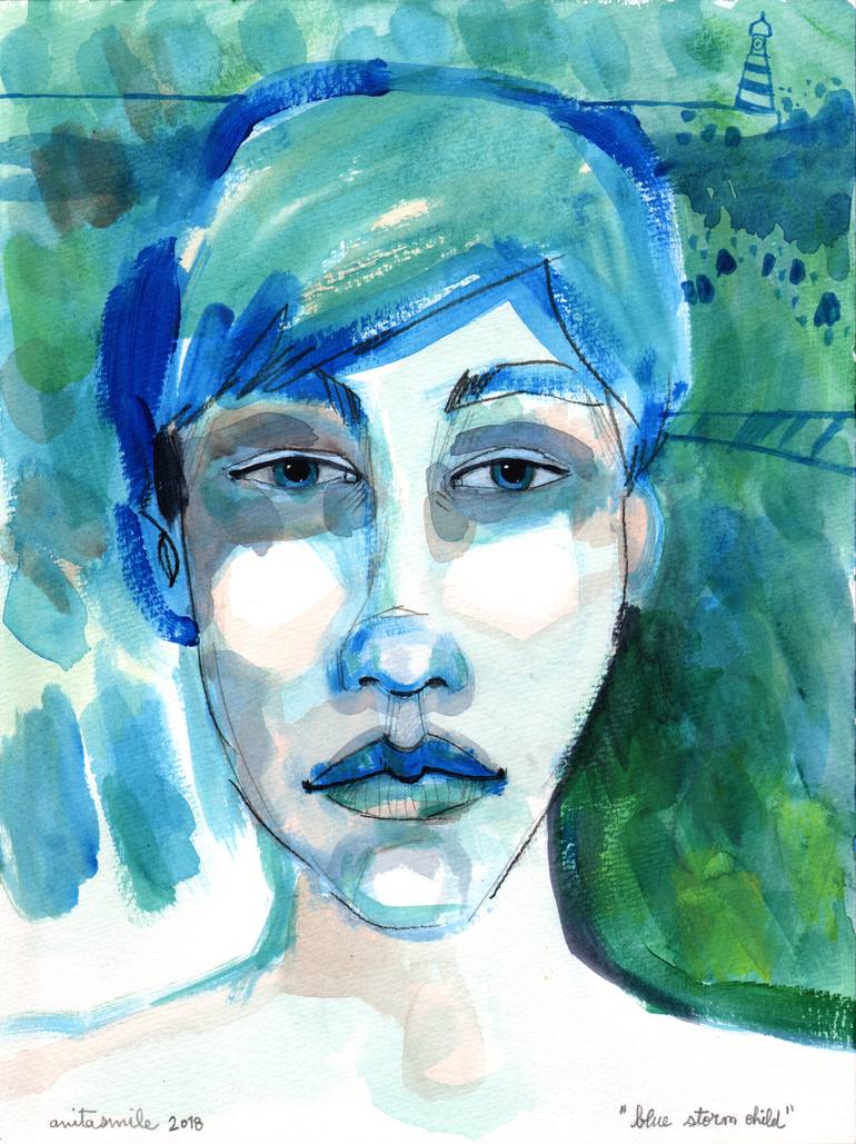 Blue storm child Drawing by Anita Smile | Saatchi Art