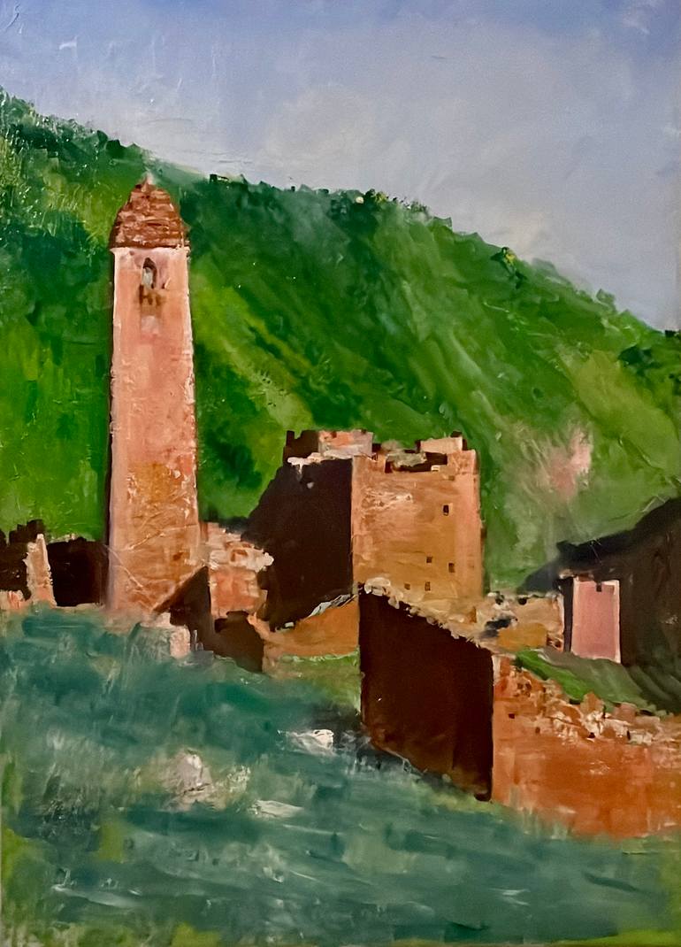 Ingushetia Tsori medieval castle complex Painting by Khasin Raduev ...