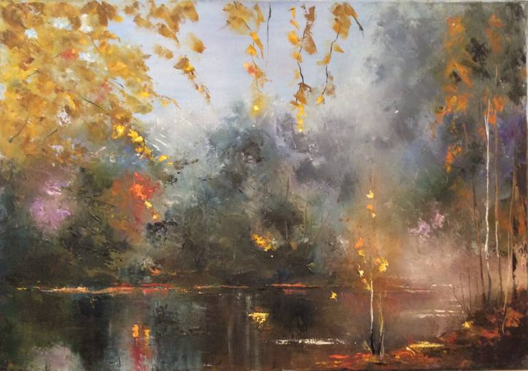 Autumn on the lake Painting by Khasin Raduev | Saatchi Art Canada