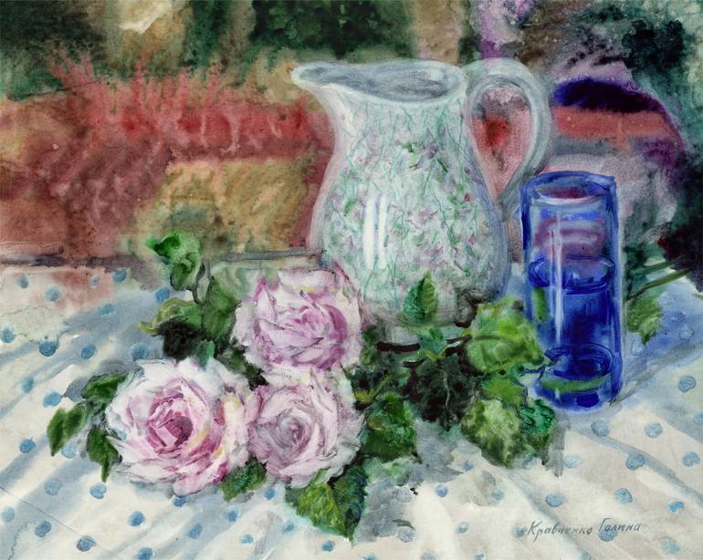 Kravchenko Galyna, Violet roses on a table Painting by GALYNA ...