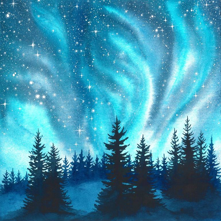 Northern lights sparkling night sky Painting by Olha Tupikina | Saatchi Art