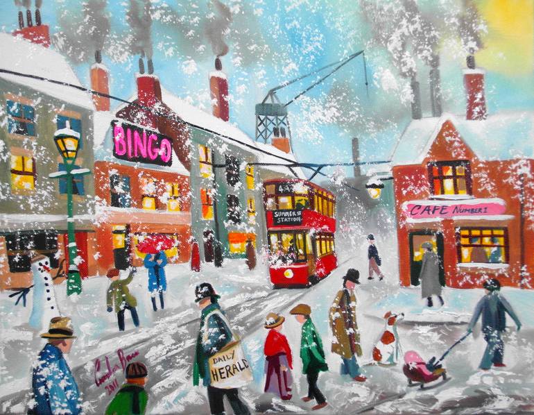 Winter busy street town centre Painting by Gordon Bruce | Saatchi Art