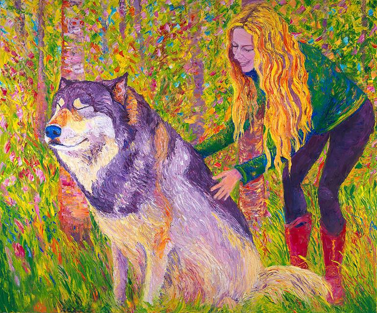 Goldilocks and the Great Gray Wolf Painting by Kate Haas | Saatchi Art