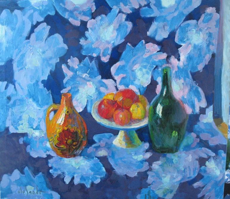 Still life on the background of drapery with blue flowers Painting by ...