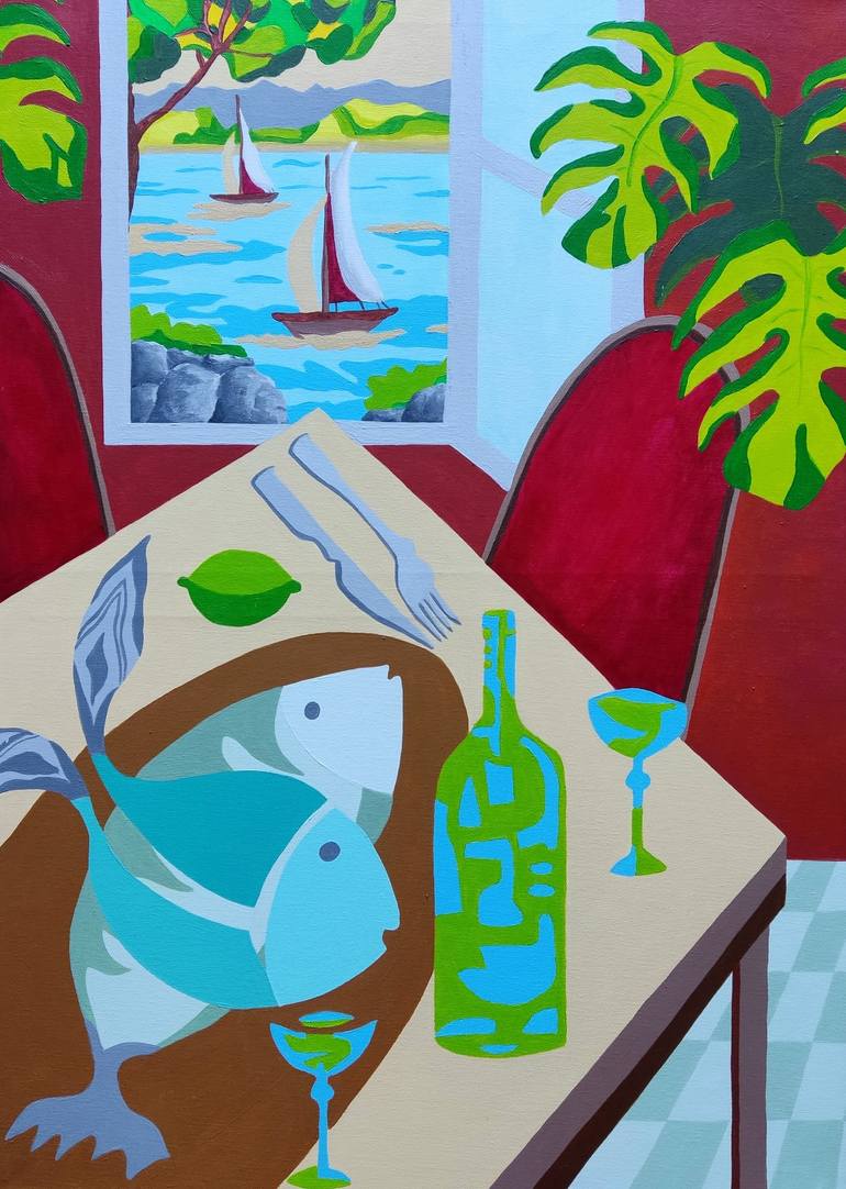 Still life with fish and landscape by Peter Vamosi Painting by Peter ...