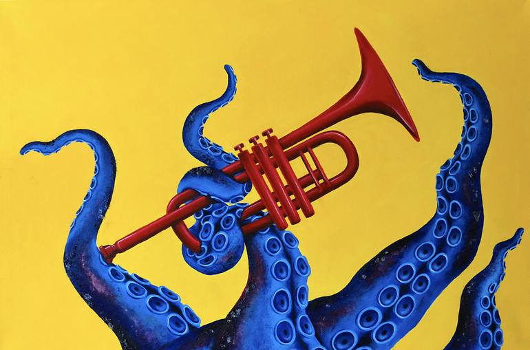 Octopus Meets Trumpet Painting by Sandra Sikora | Saatchi Art