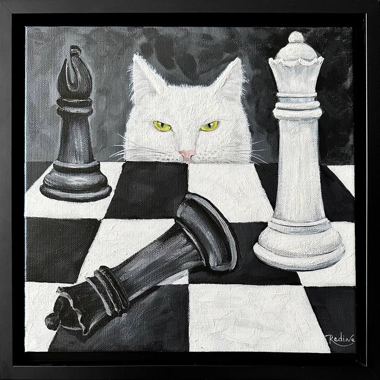 White Cat Purrfect Strategy Painting by Irina Redine | Saatchi Art