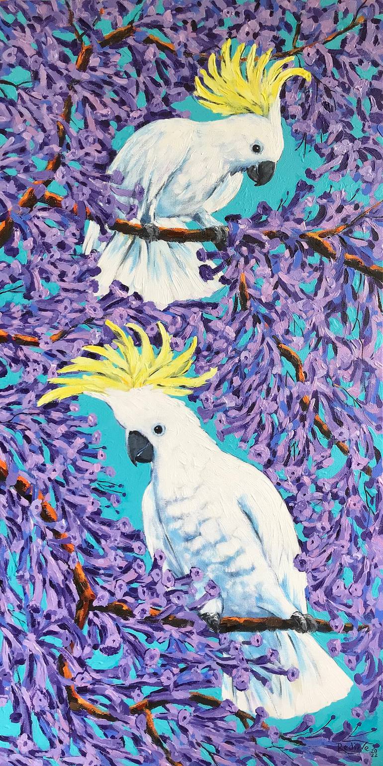 Cockatoos in Jacaranda Painting by Irina Redine | Saatchi Art