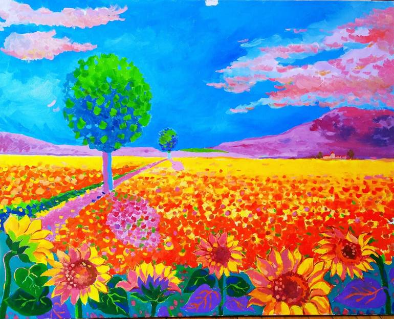 SUNFLOWER FIELD Painting by Victor Costachescu | Saatchi Art