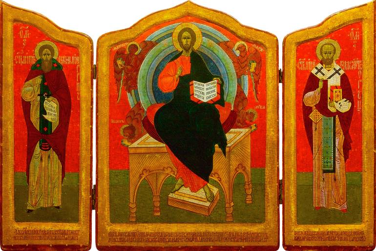 SOLD- Triptych folding Icon “Christ Enthroned, Sts. Sergius of Radonezh ...