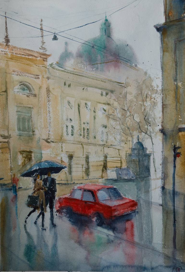 Rainy day in the city Painting by Yurii Andreichyn | Saatchi Art