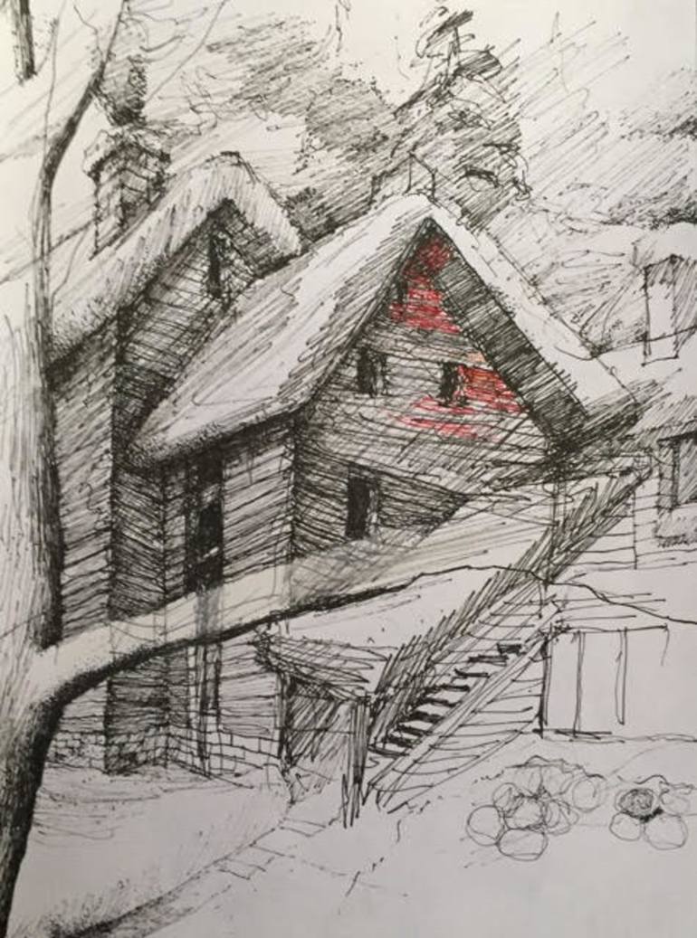 Snow Covered Roofs Drawing by Mike Ciemny | Saatchi Art