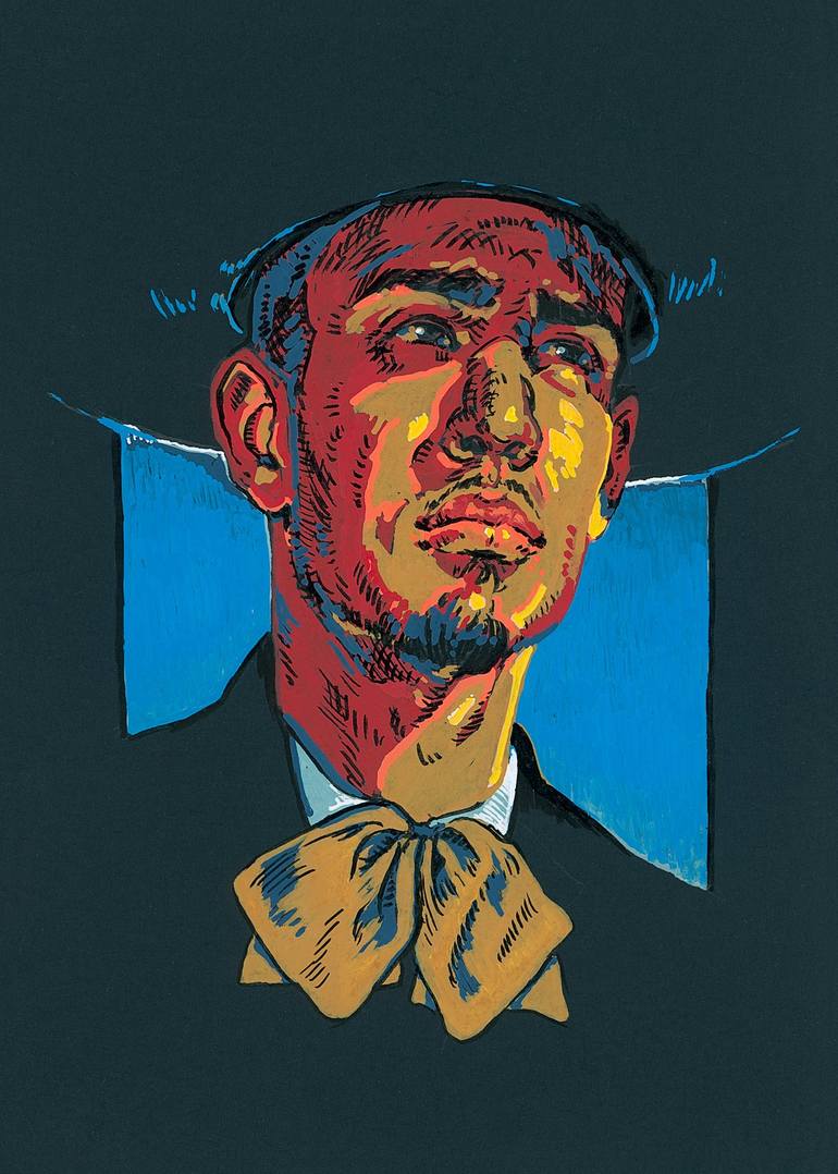 Man in hat. Acrylic portrait Drawing by Katarzyna Gagol | Saatchi Art