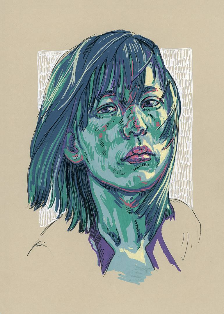 Woman portrait. Green drawing Drawing by Katarzyna Gagol | Saatchi Art
