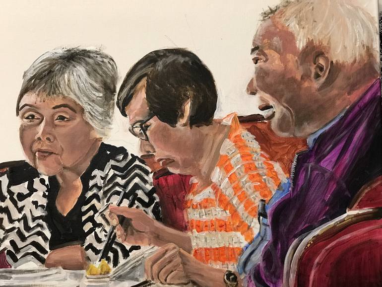 Three Old Friends Having Dimsum Painting by Bruce Johnson | Saatchi Art