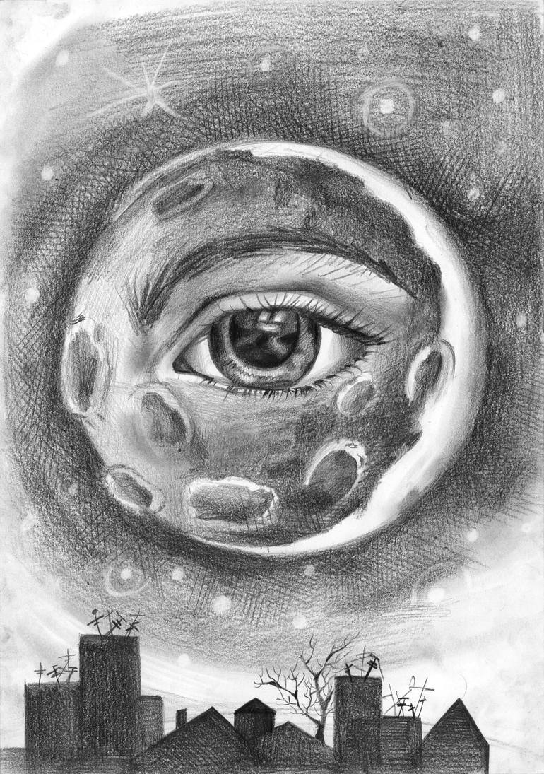 Night city, moon and a realistic eye Drawing by Alvina Denisenko ...