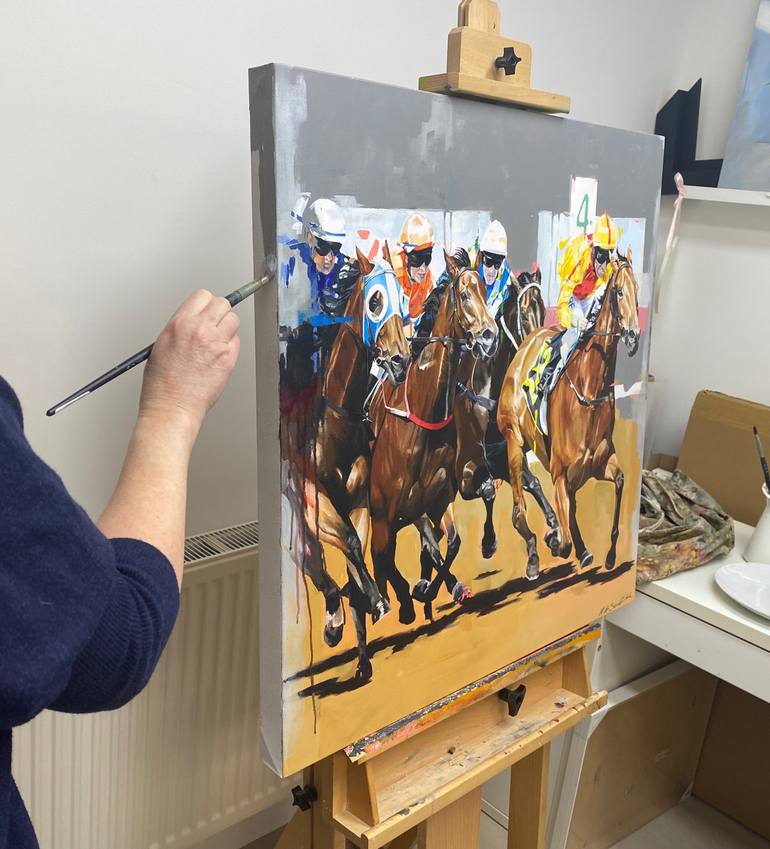 Horse Racing 4th Furlong Painting by Helen Sinfield | Saatchi Art