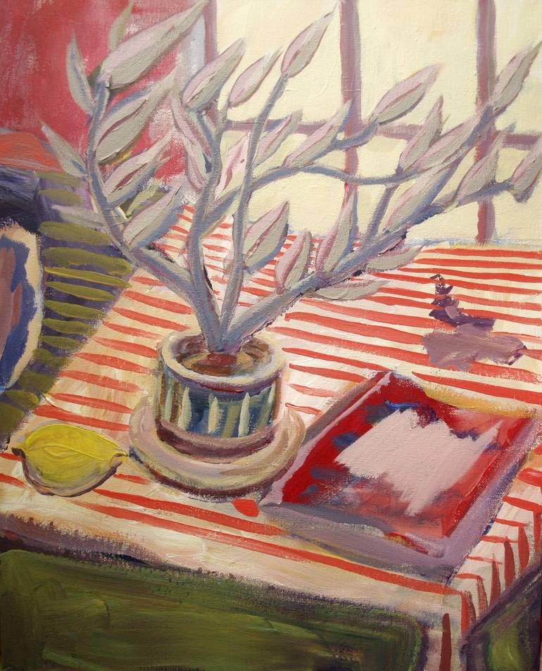 lemon book plant and badly drawn gun Painting by Jim Crossin | Saatchi Art