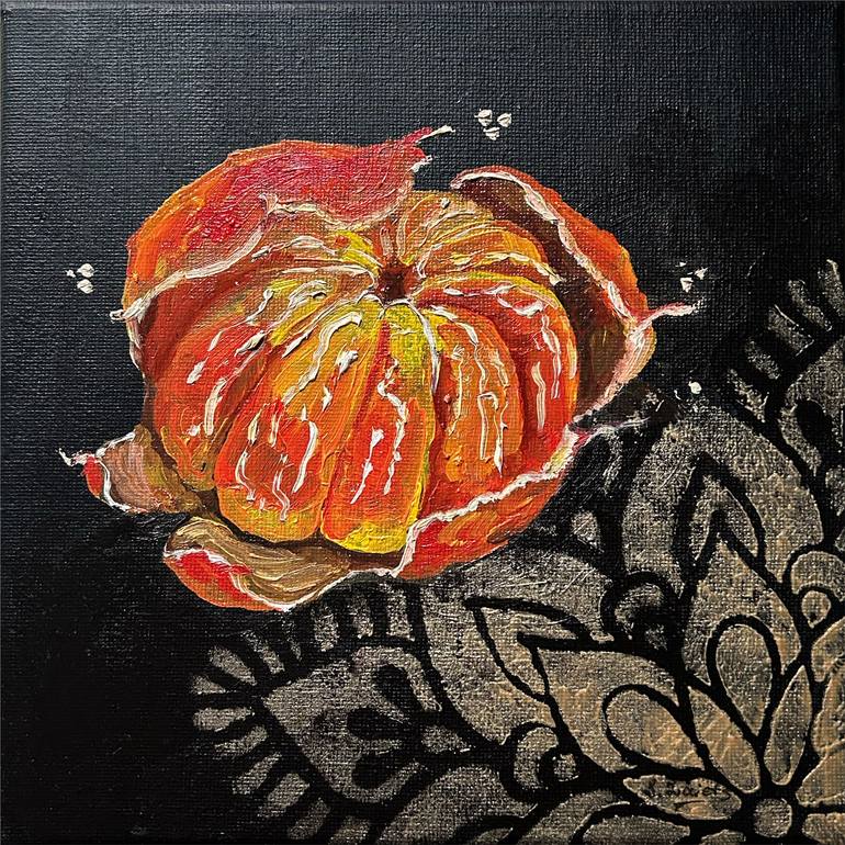 A peeled mandarin on a black background and a golden napkin Painting by Svitlana Zaiets ...