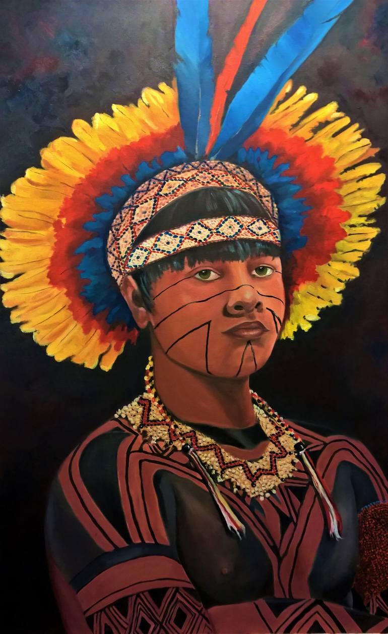 Young Pataxó Indian Painting by Regina Macedo | Saatchi Art