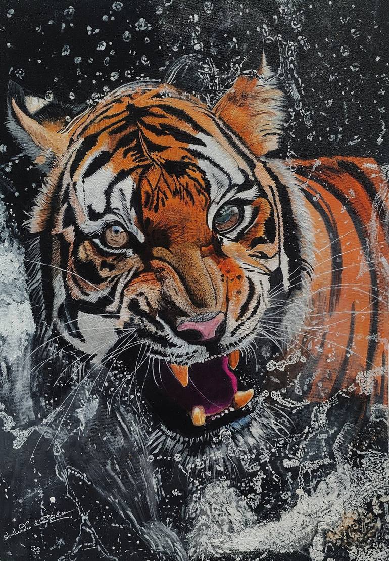 Splashing Tiger Painting by Shailendra Khadkikar | Saatchi Art