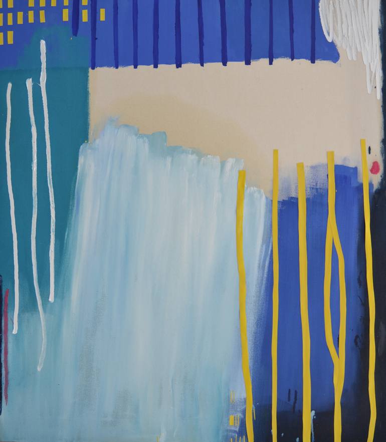 Blue, White and Yellow Lines on Unprimed Canvas Painting by Cecilia ...